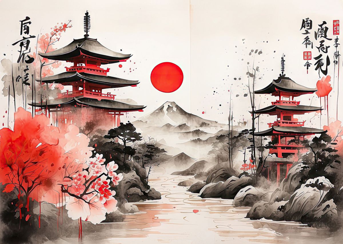 'Red Moon Japan' Poster, picture, metal print, paint by rhebaphi lander ...