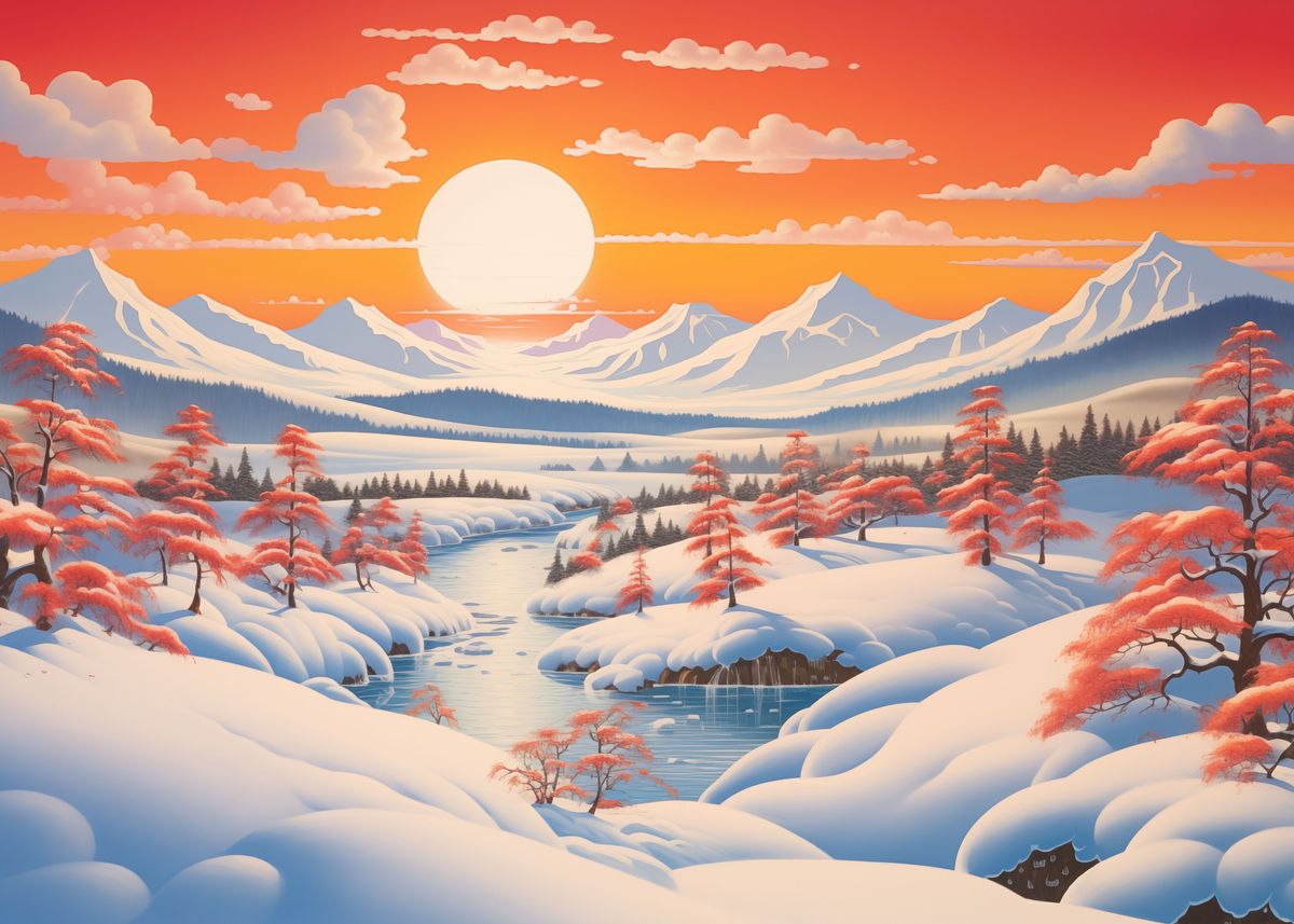 'Japanese Mountains Sunset' Poster, picture, metal print, paint by ...