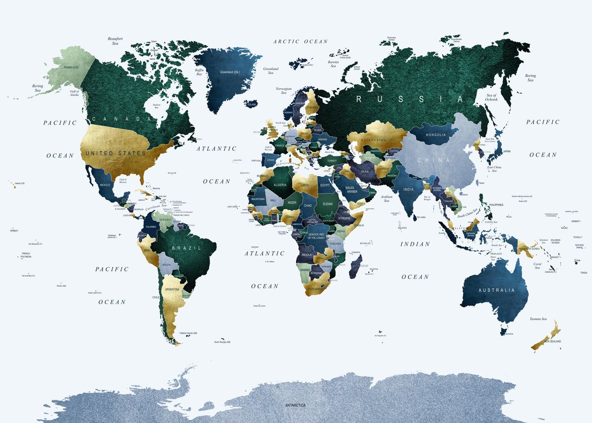 'World Map Blue and Green' Poster, picture, metal print, paint by Urban ...