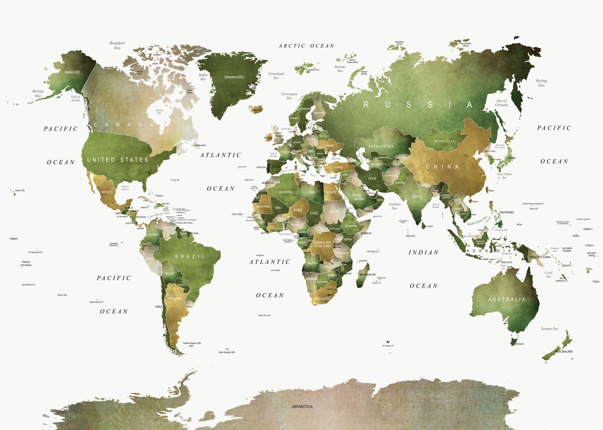 'World Map Green Tones' Poster, picture, metal print, paint by Urban ...