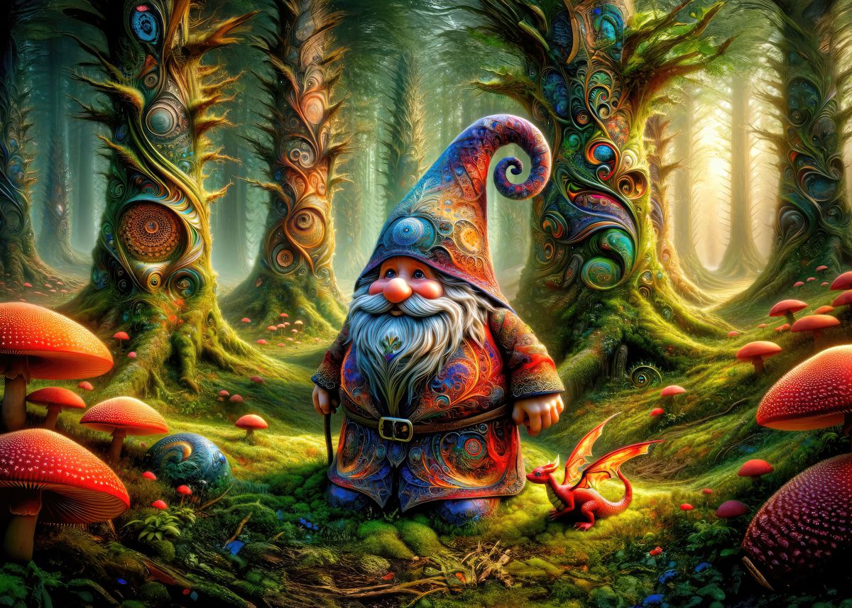 'Gnomes Fractal Forest' Poster, picture, metal print, paint by Bill Tiepelman | Displate