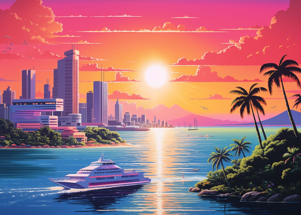 'Sailing Boat + Sunset City' Poster, picture, metal print, paint by ...