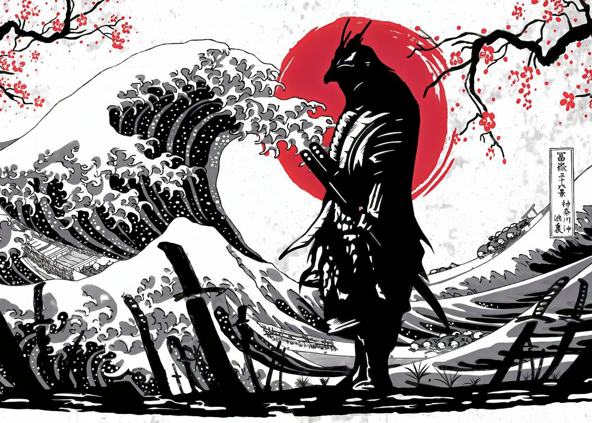 'Red moon samurai wave' Poster, picture, metal print, paint by Simon ...