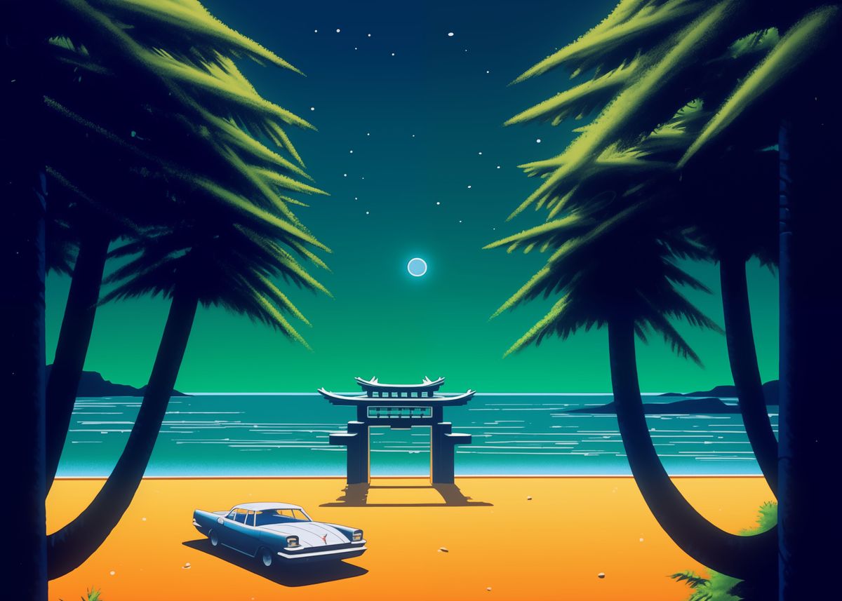 'Beach Shrine At Night' Poster, picture, metal print, paint by Akaiji ...