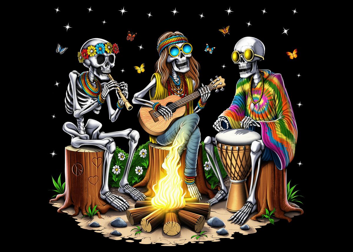 'Hippie Skeletons Camping' Poster, picture, metal print, paint by ...