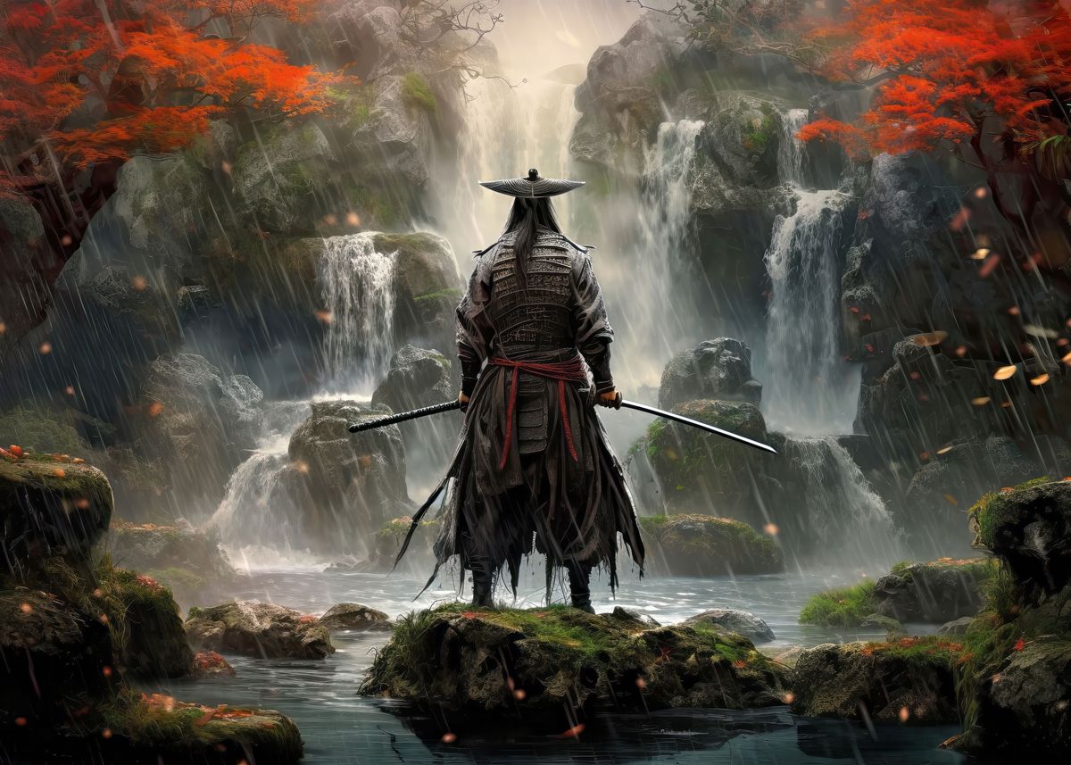 'Samurai waterfalls scenic ' Poster, picture, metal print, paint by ...