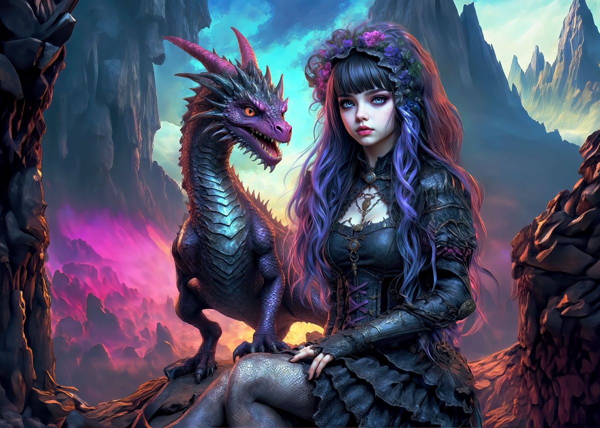 'Goth Girl and her Dragon' Poster, picture, metal print, paint by ...