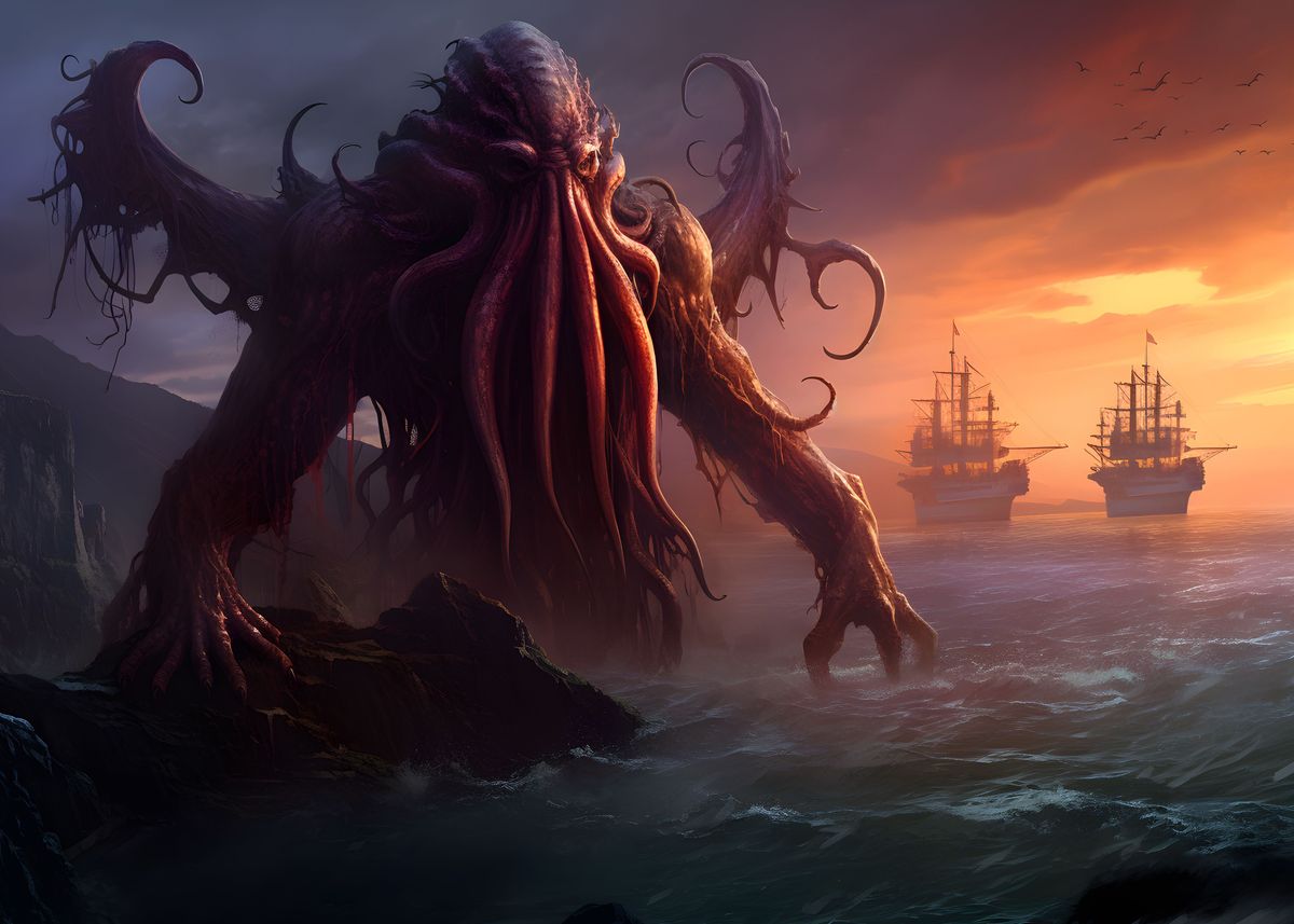 'Cthulhu Ocean Ships Deco' Poster, picture, metal print, paint by Amazing Designs | Displate