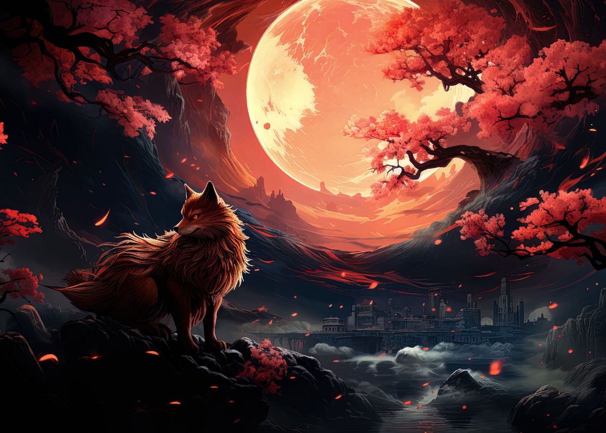 'wolf cherry blossom' Poster, picture, metal print, paint by Patsy ...