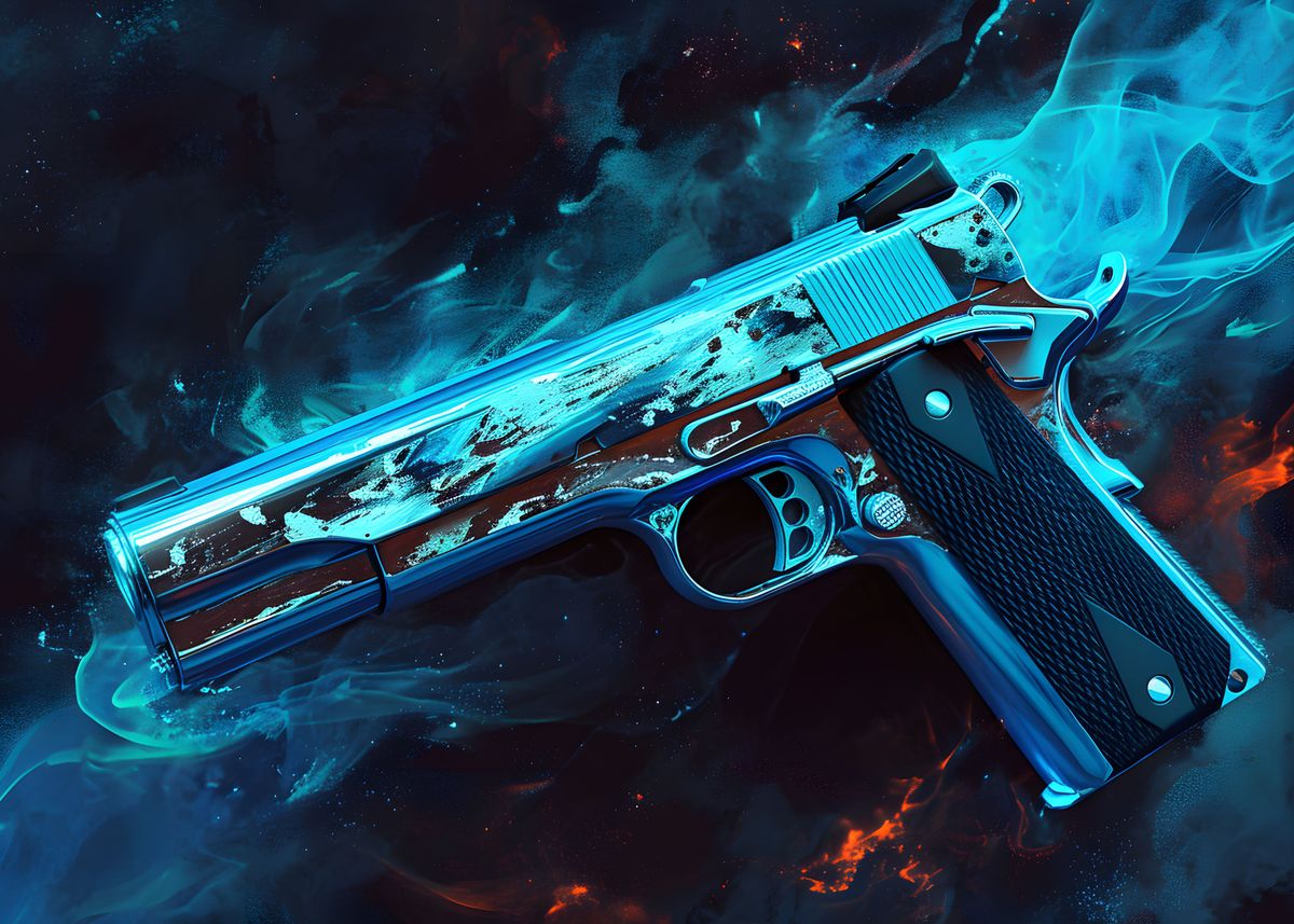 'Colt 1911 Blue Flames' Poster, picture, metal print, paint by Amazing ...