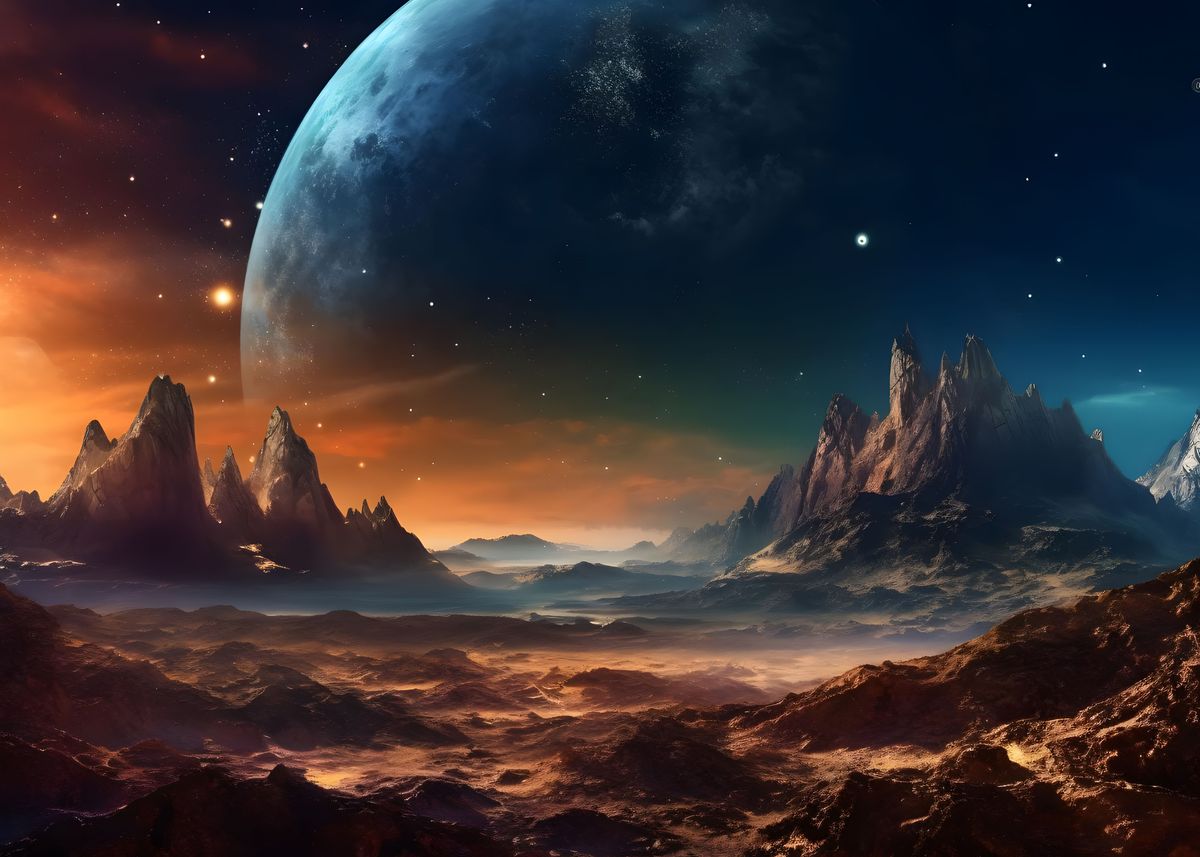 'Orange sun misty mountains' Poster, picture, metal print, paint by ...