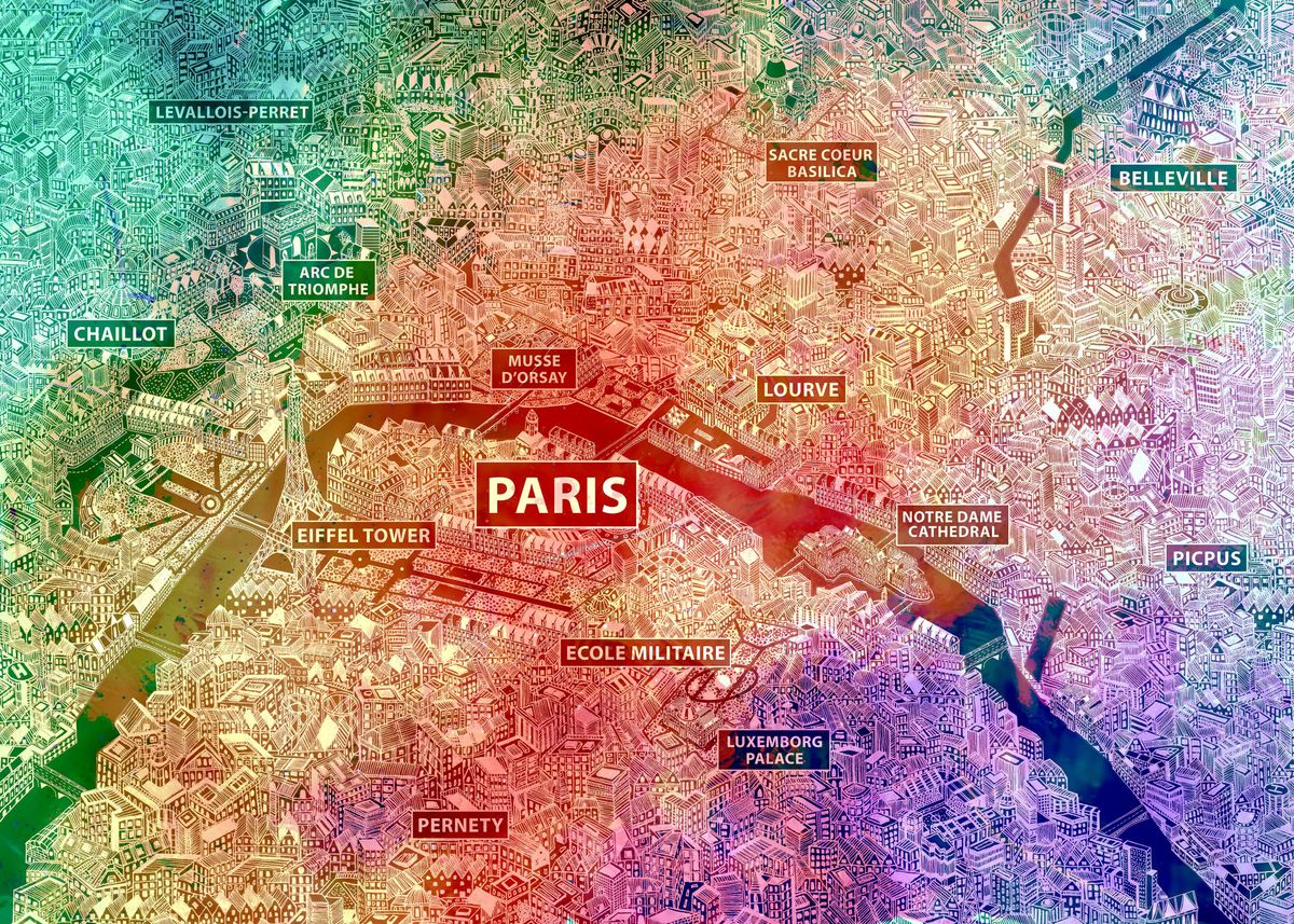 'Paris City color map' Poster, picture, metal print, paint by Oliver ...