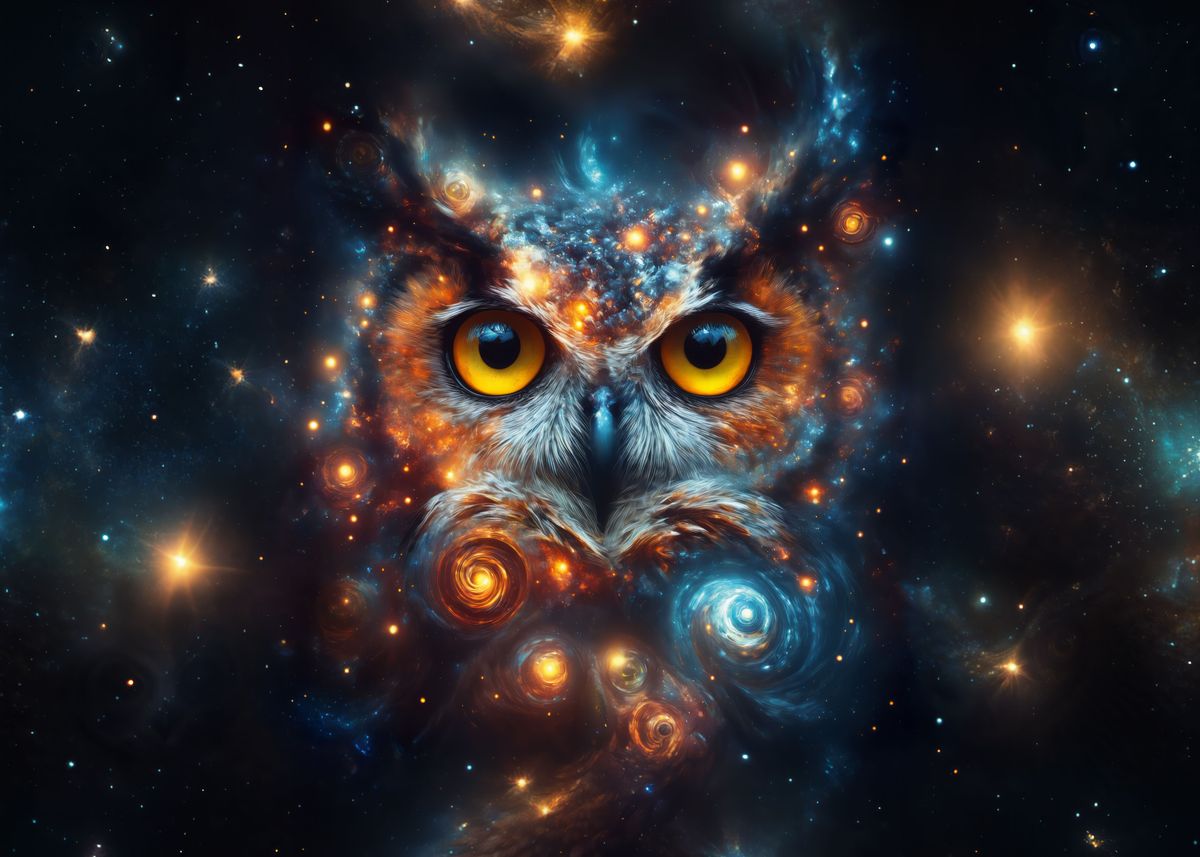 'Cosmic owl portrait' Poster, picture, metal print, paint by ...