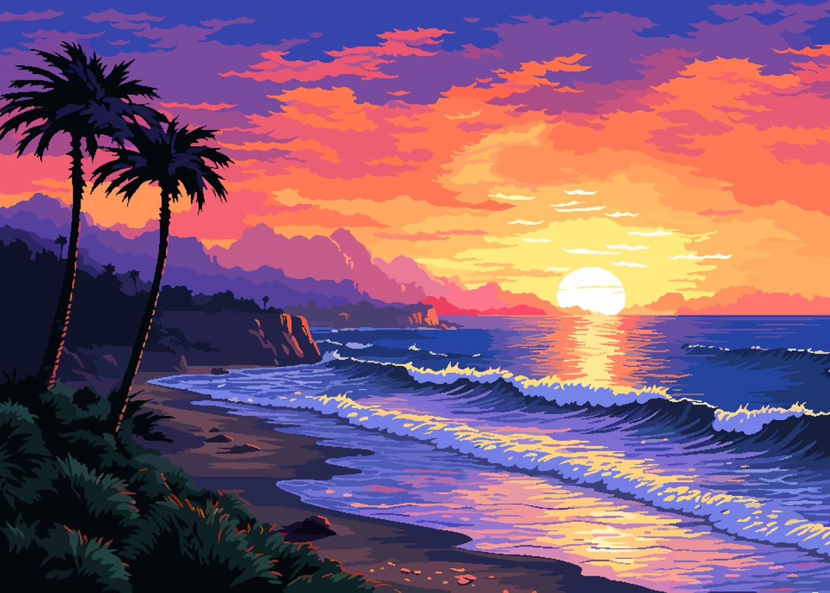'LA Beach Sunset Pixel Art' Poster, picture, metal print, paint by ...