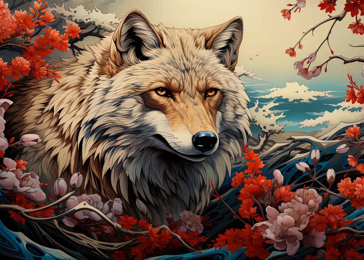 'cherry blossom wolf animal' Poster, picture, metal print, paint by ...