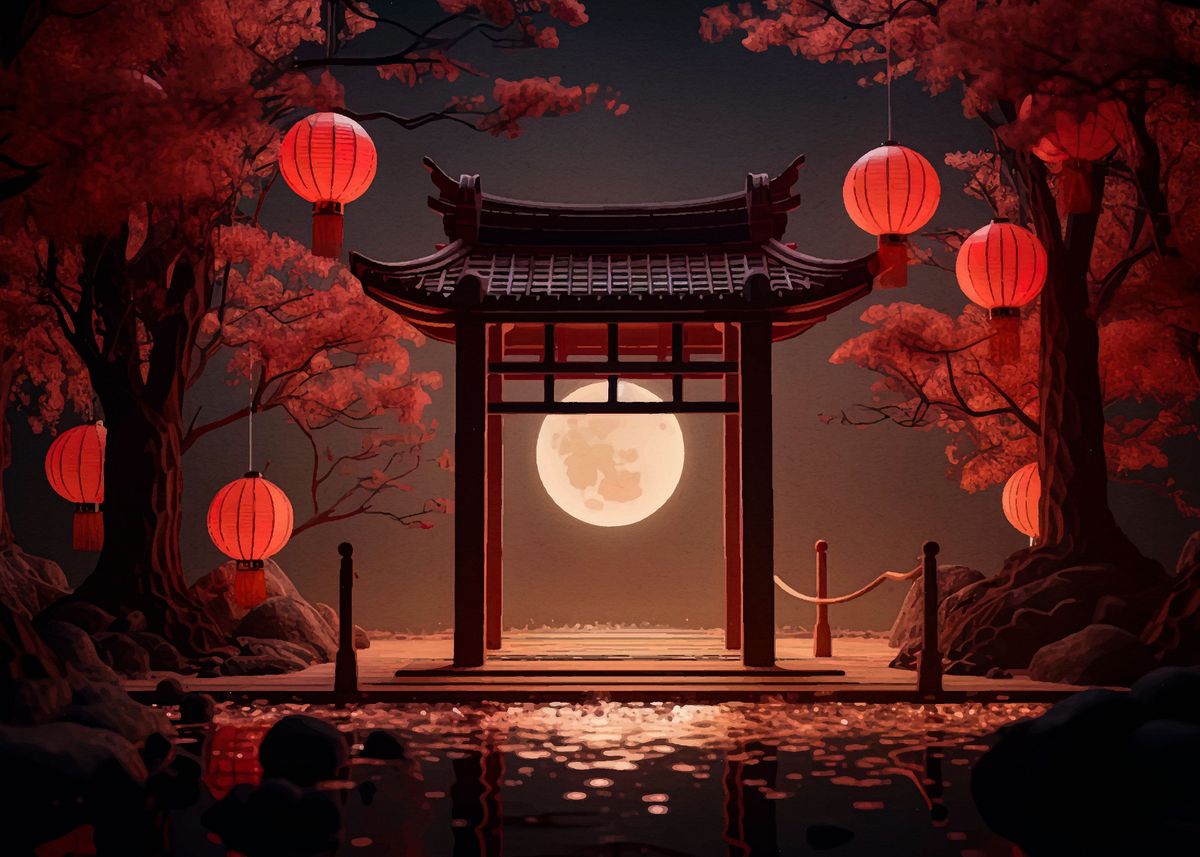 'gate japan moon night ' Poster, picture, metal print, paint by Peter ...