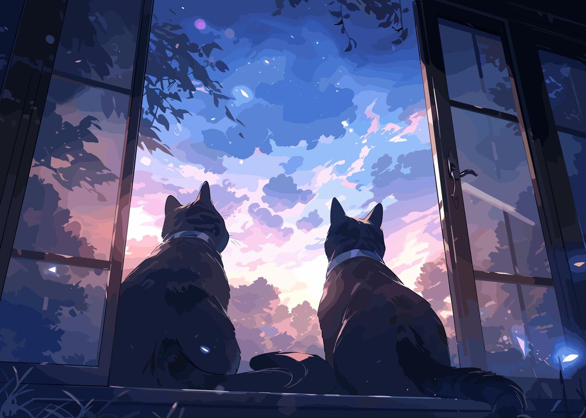 'Anime Stargazing Sky Cats' Poster, picture, metal print, paint by ...
