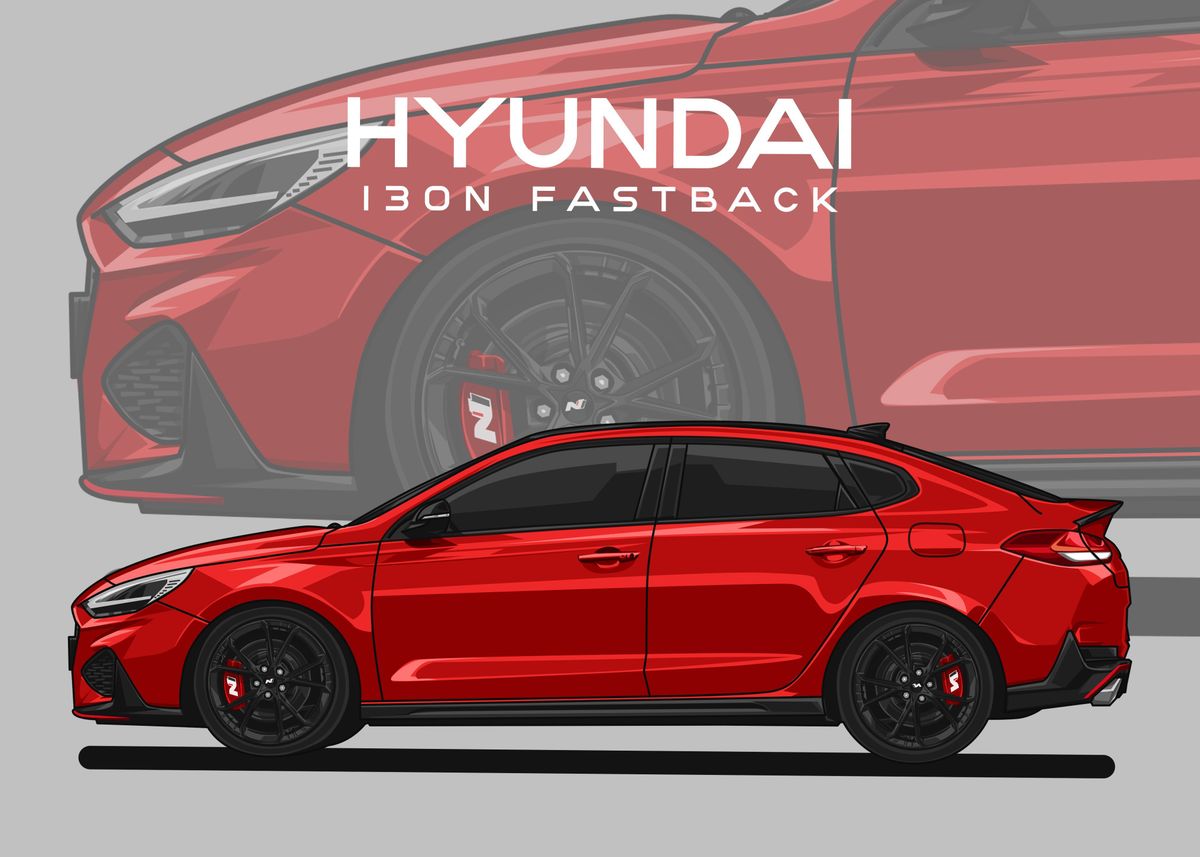 'hyundai i30n fastback red' Poster, picture, metal print, paint by ...