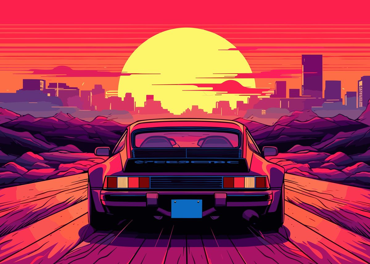 'synthwave retro car sunset' Poster, picture, metal print, paint by ...