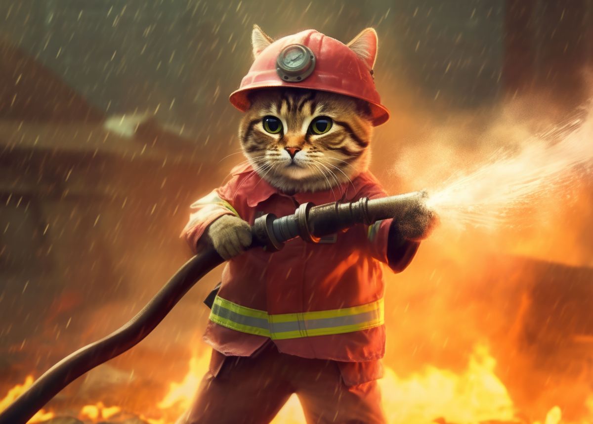 'Cat Fire Fighter' Poster, picture, metal print, paint by VAGANTE ...