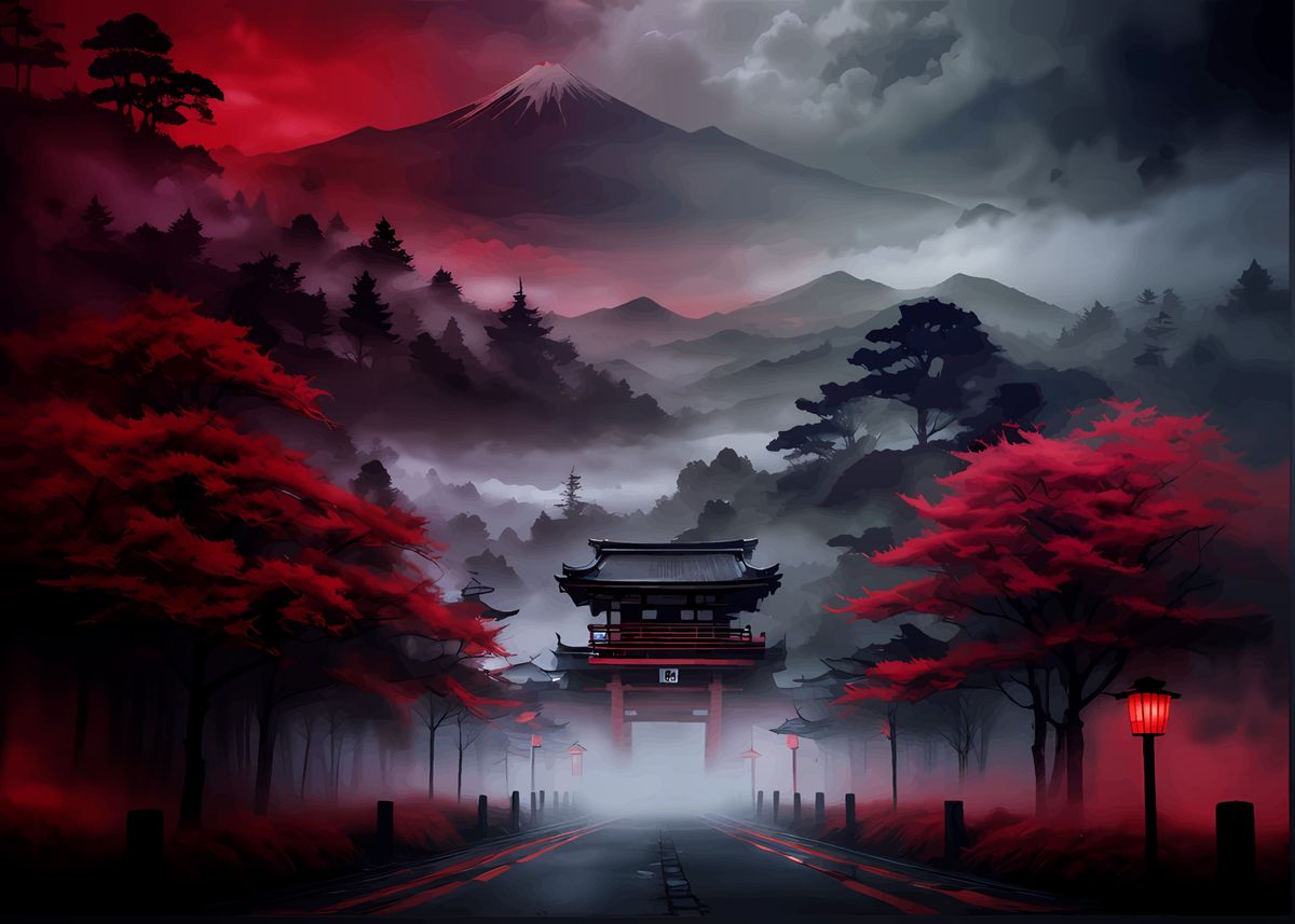 'red japan castle cherry ' Poster, picture, metal print, paint by your ...