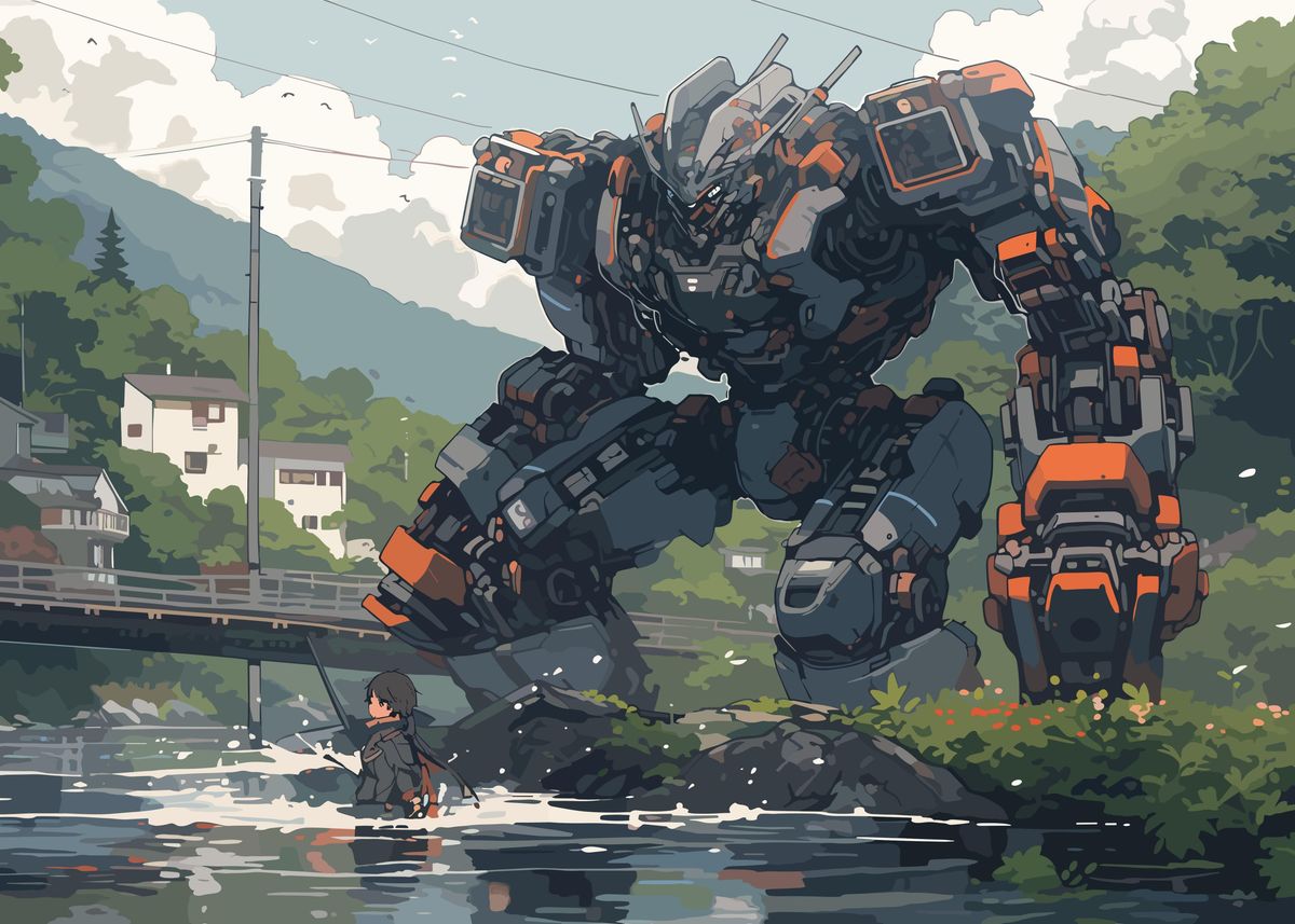 'Anime Fishing Mech Fantasy' Poster, picture, metal print, paint by ...