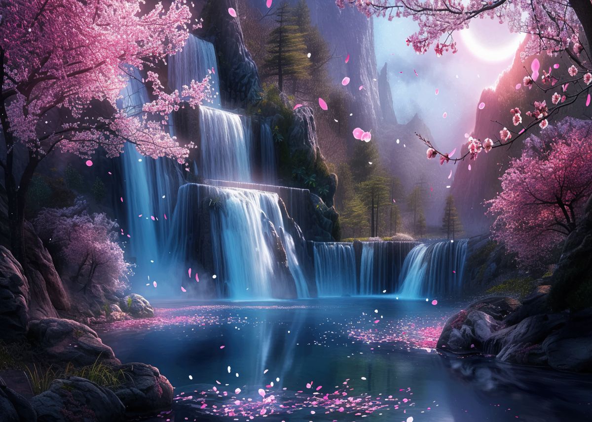 'cherry blossom waterfall' Poster, picture, metal print, paint by ...