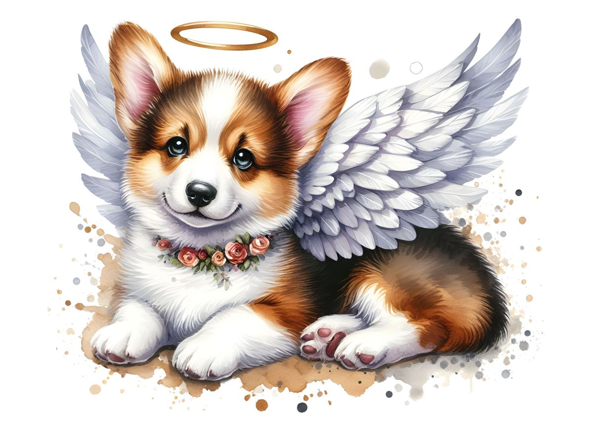 'Angel Corgi' Poster, picture, metal print, paint by Ba Ab | Displate