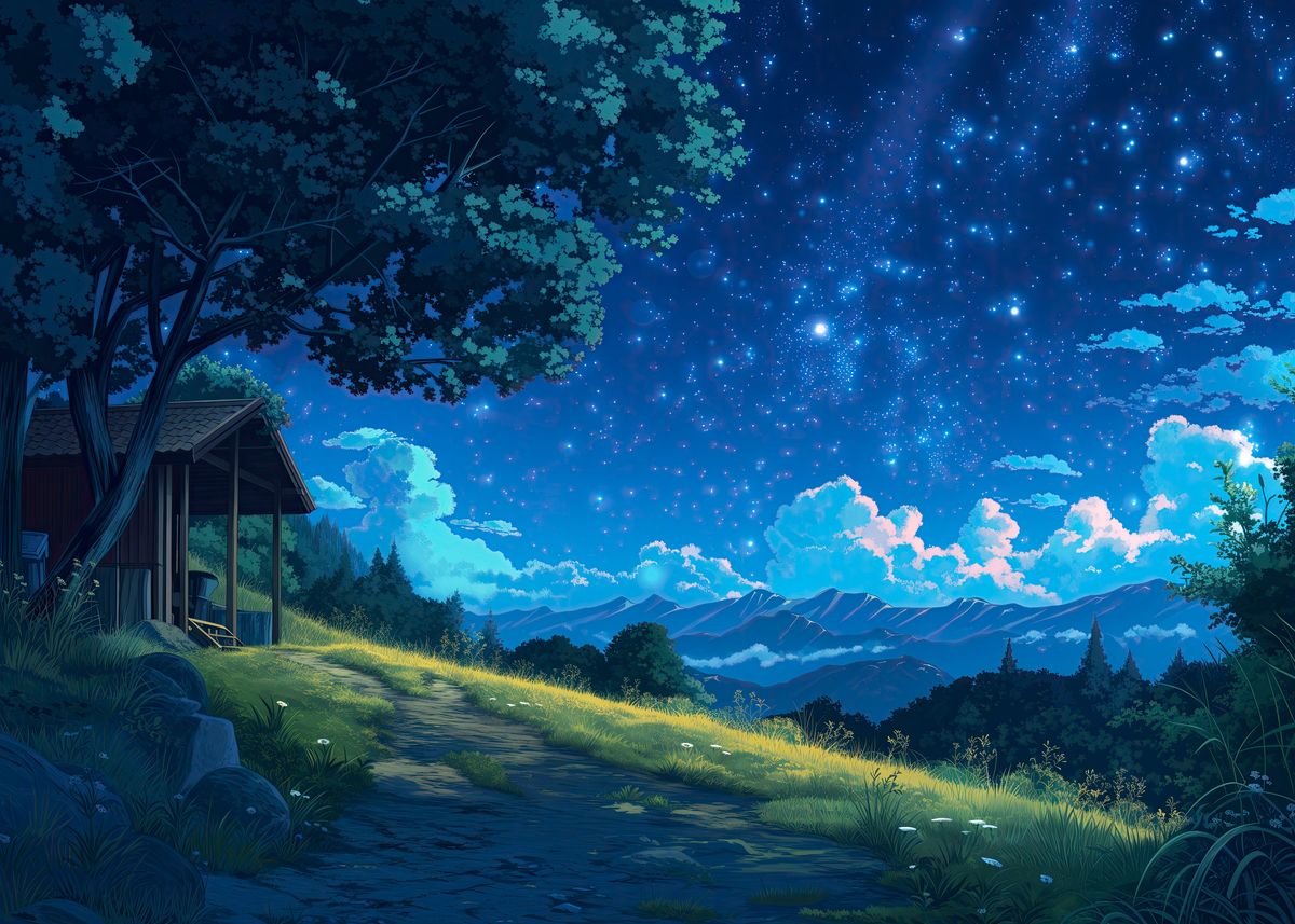 'Starry Cottage' Poster, picture, metal print, paint by KyzArt | Displate