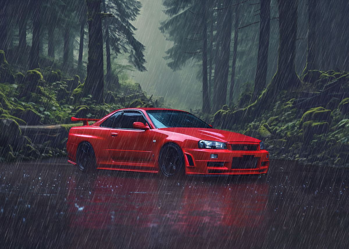 'Rainy Red Nissan GTR R34' Poster, picture, metal print, paint by LCW17 ...