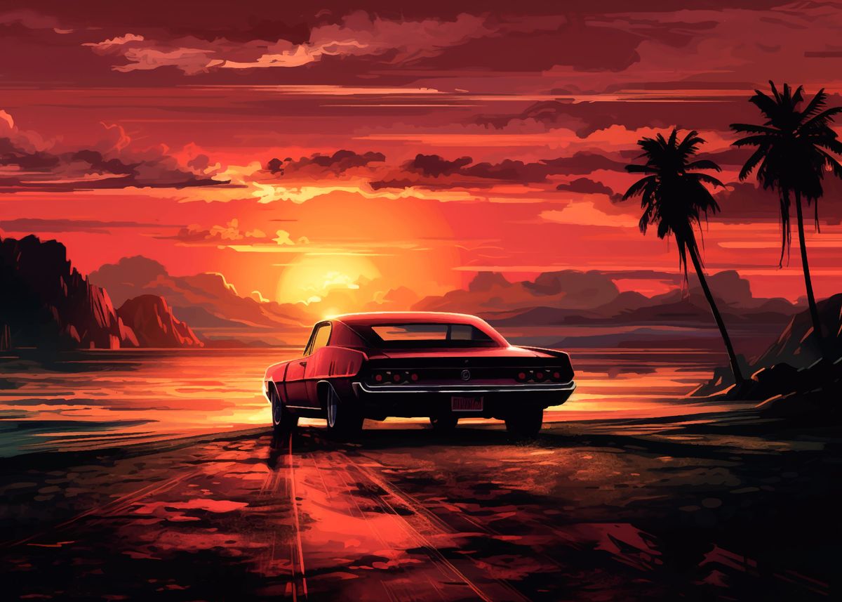 'synthwave retro car sunset' Poster, picture, metal print, paint by ...