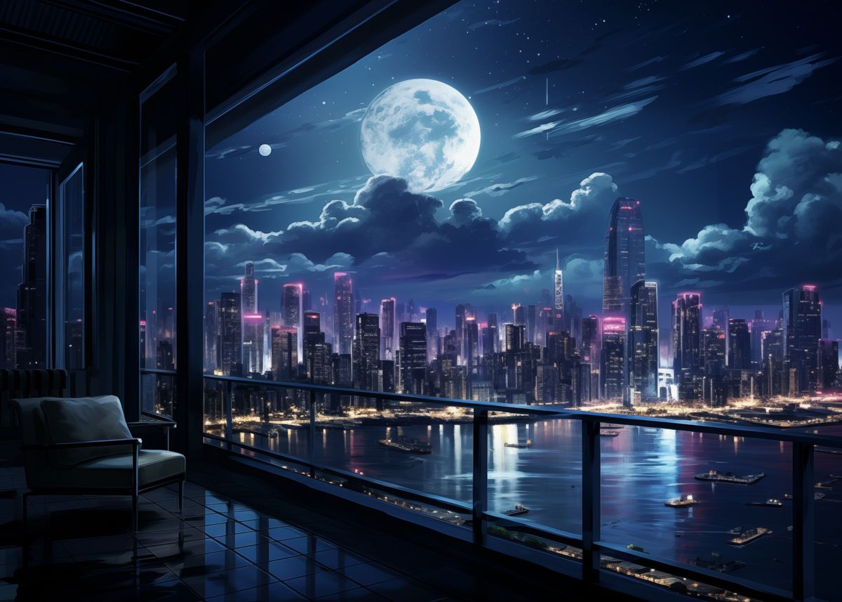 'Full Moon Cityscape Night' Poster, picture, metal print, paint by ...
