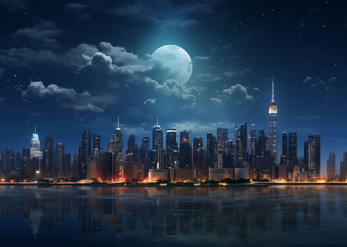'Full Moon Cityscape Night' Poster, picture, metal print, paint by ...