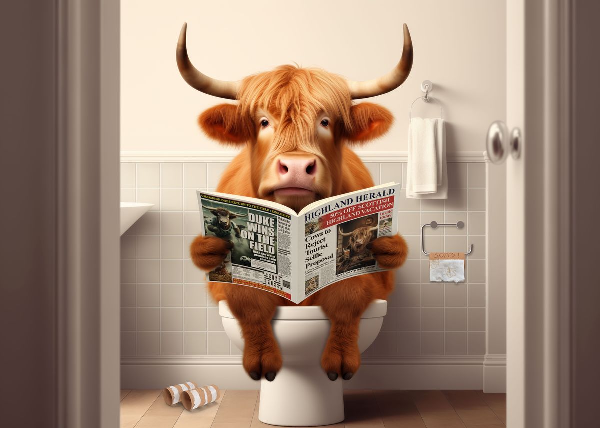 'Funny Highland Cow Toilet' Poster, picture, metal print, paint by ...