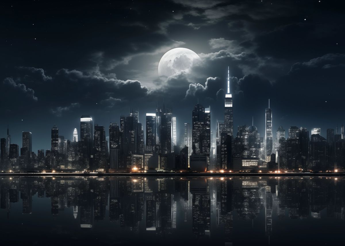 'Full Moon Cityscape Night' Poster, picture, metal print, paint by ...