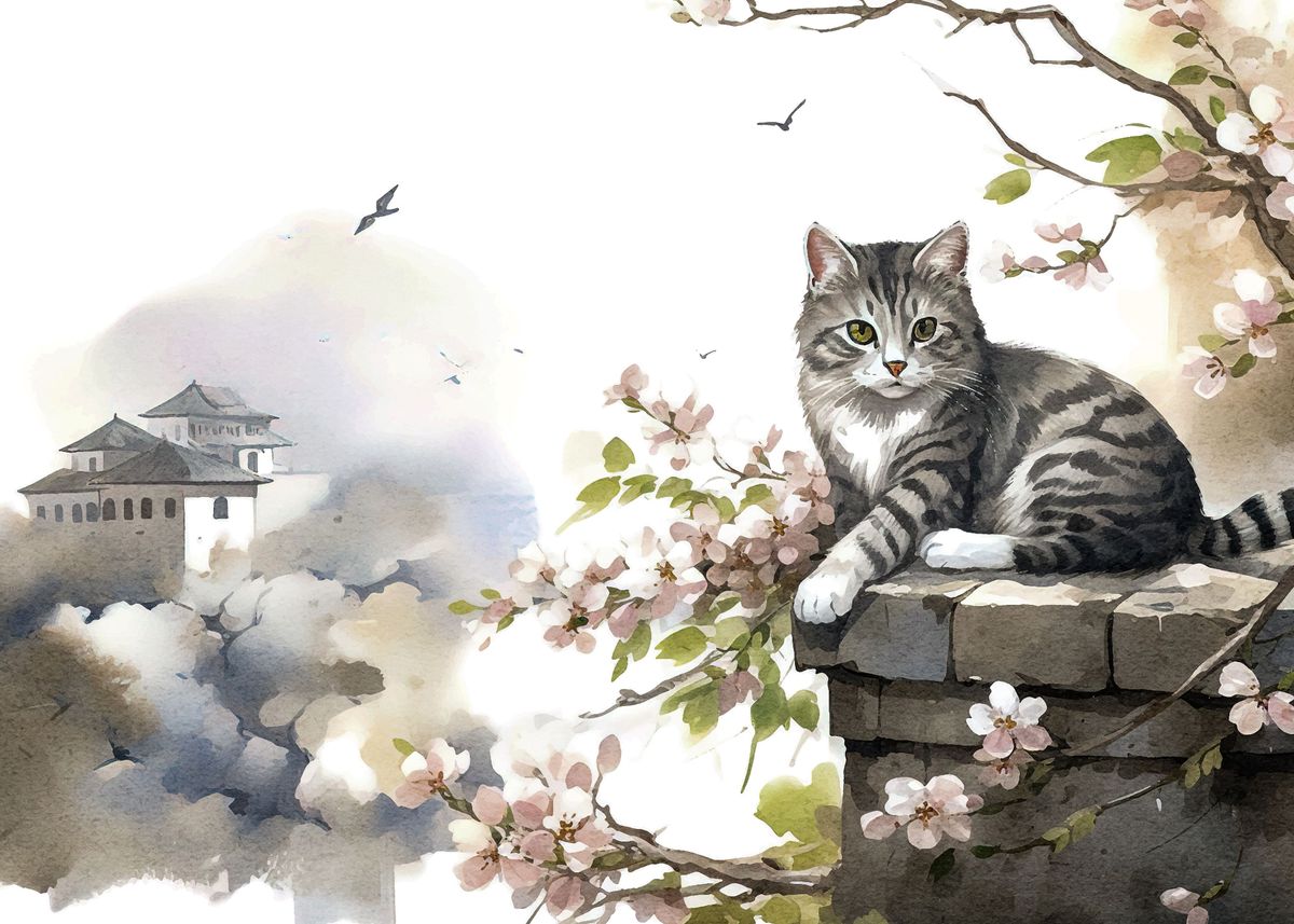 'cherry blossom cat' Poster, picture, metal print, paint by Patsy ...