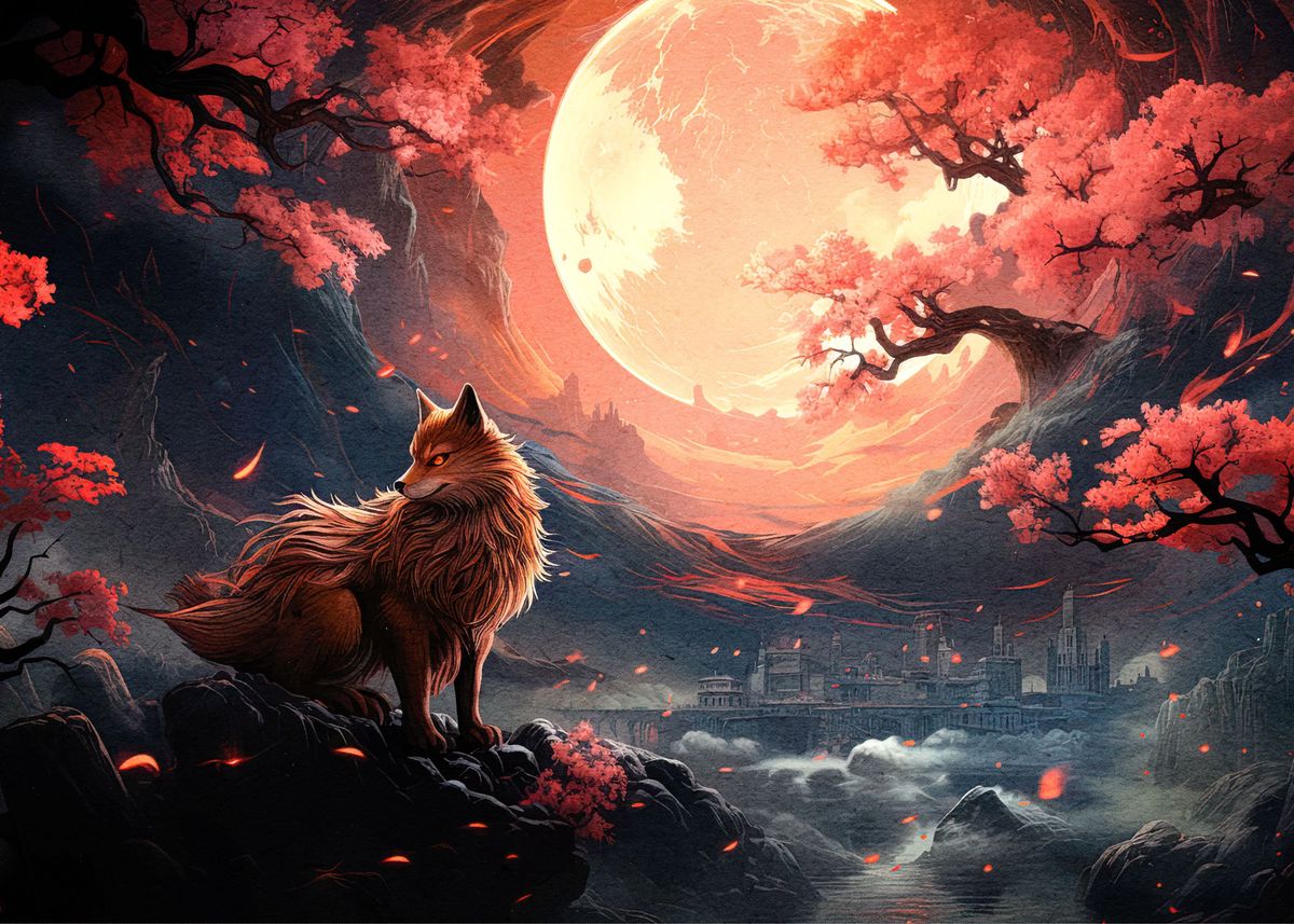 'cherry blossom wolf animal' Poster, picture, metal print, paint by ...