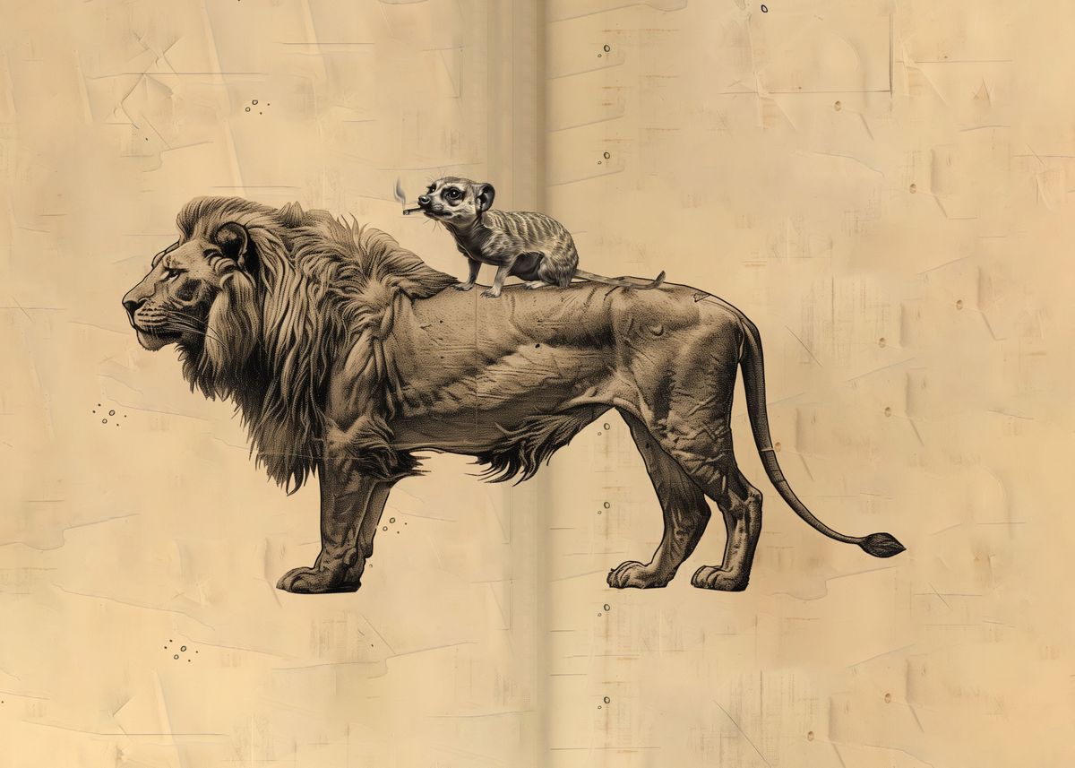 'weasel riding on lion back' Poster, picture, metal print, paint by vin ...