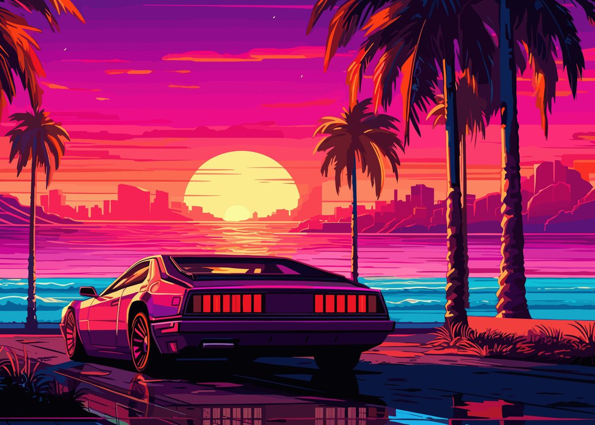 'Retro Miami Neon Sunset' Poster, picture, metal print, paint by ...
