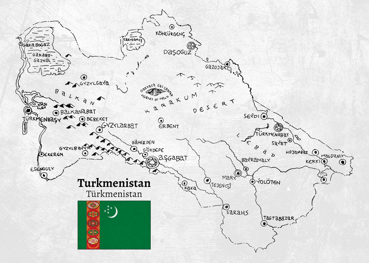 'Handdrawn Turkmenistan Map' Poster, picture, metal print, paint by ...