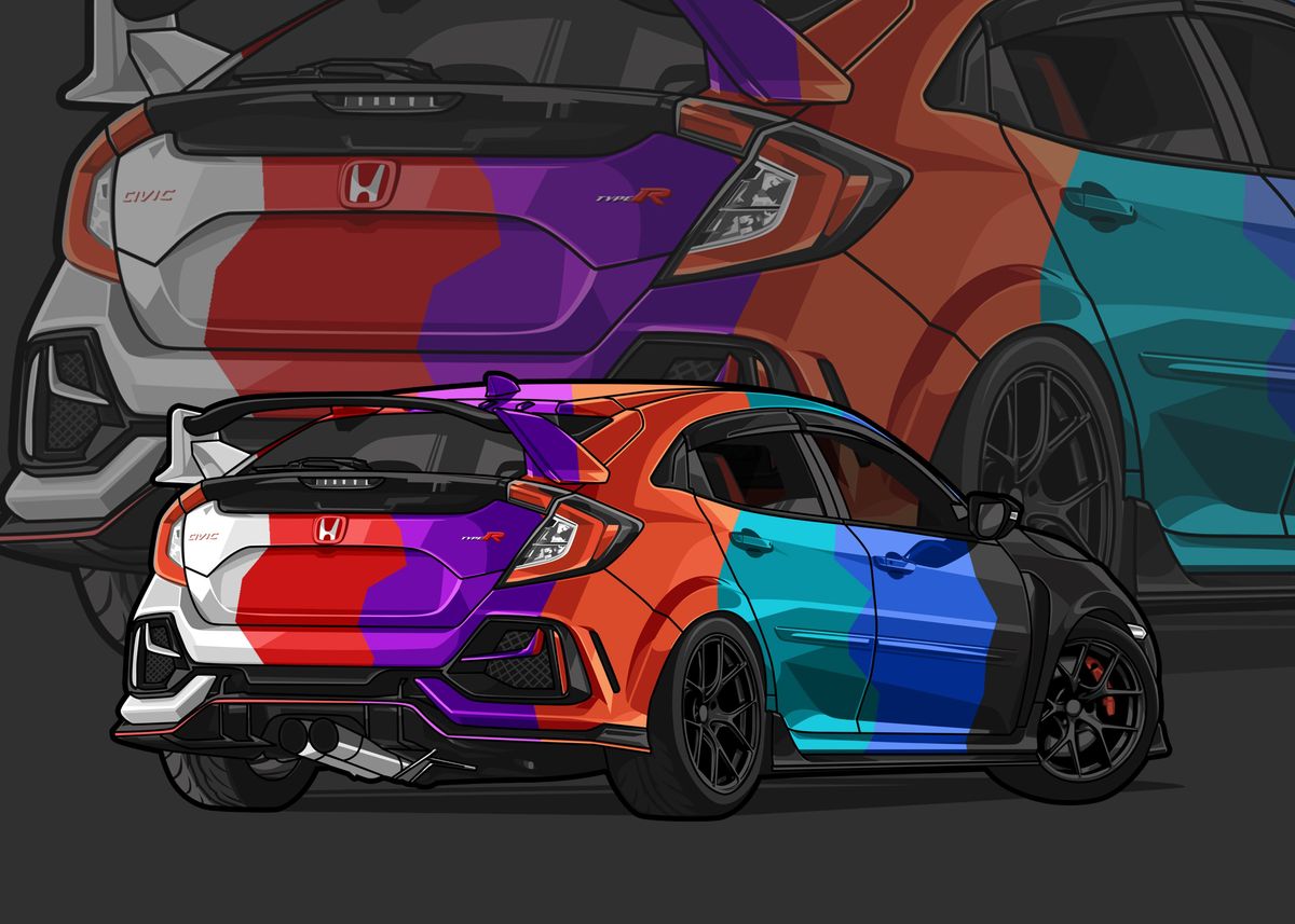 'honda civic type r rainbow' Poster, picture, metal print, paint by ...