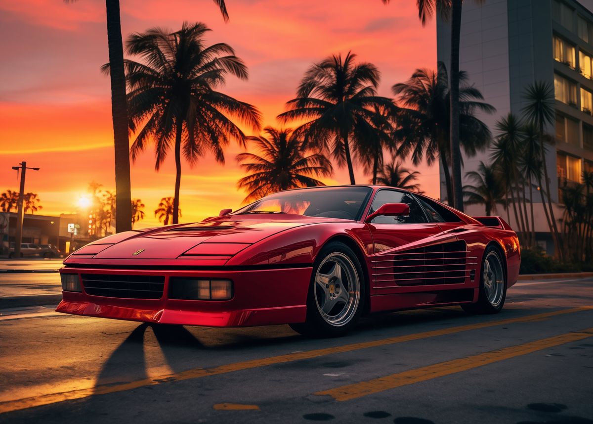 'testarossa in miami sunset' Poster, picture, metal print, paint by ...