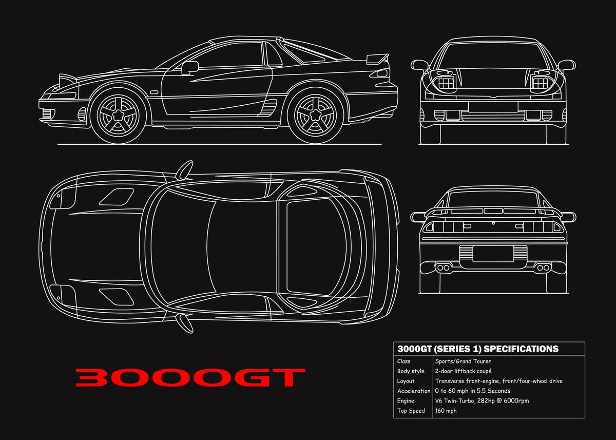 '3000GT Blueprint' Poster, picture, metal print, paint by RogueDesign ...