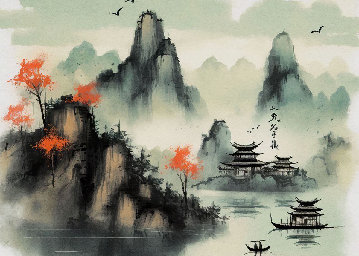 'Vintage Chinese Landscape ' Poster, picture, metal print, paint by ...