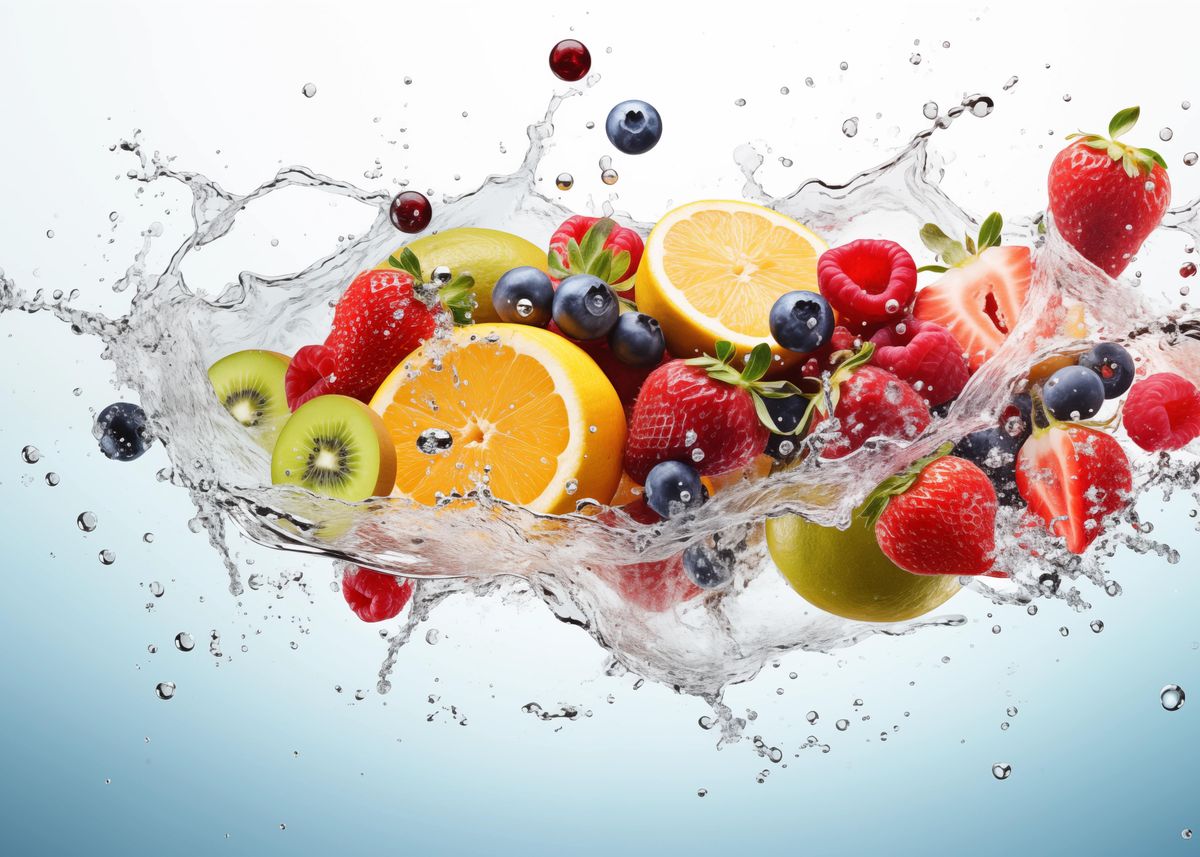 'Fruits falling' Poster, picture, metal print, paint by NapArt | Displate