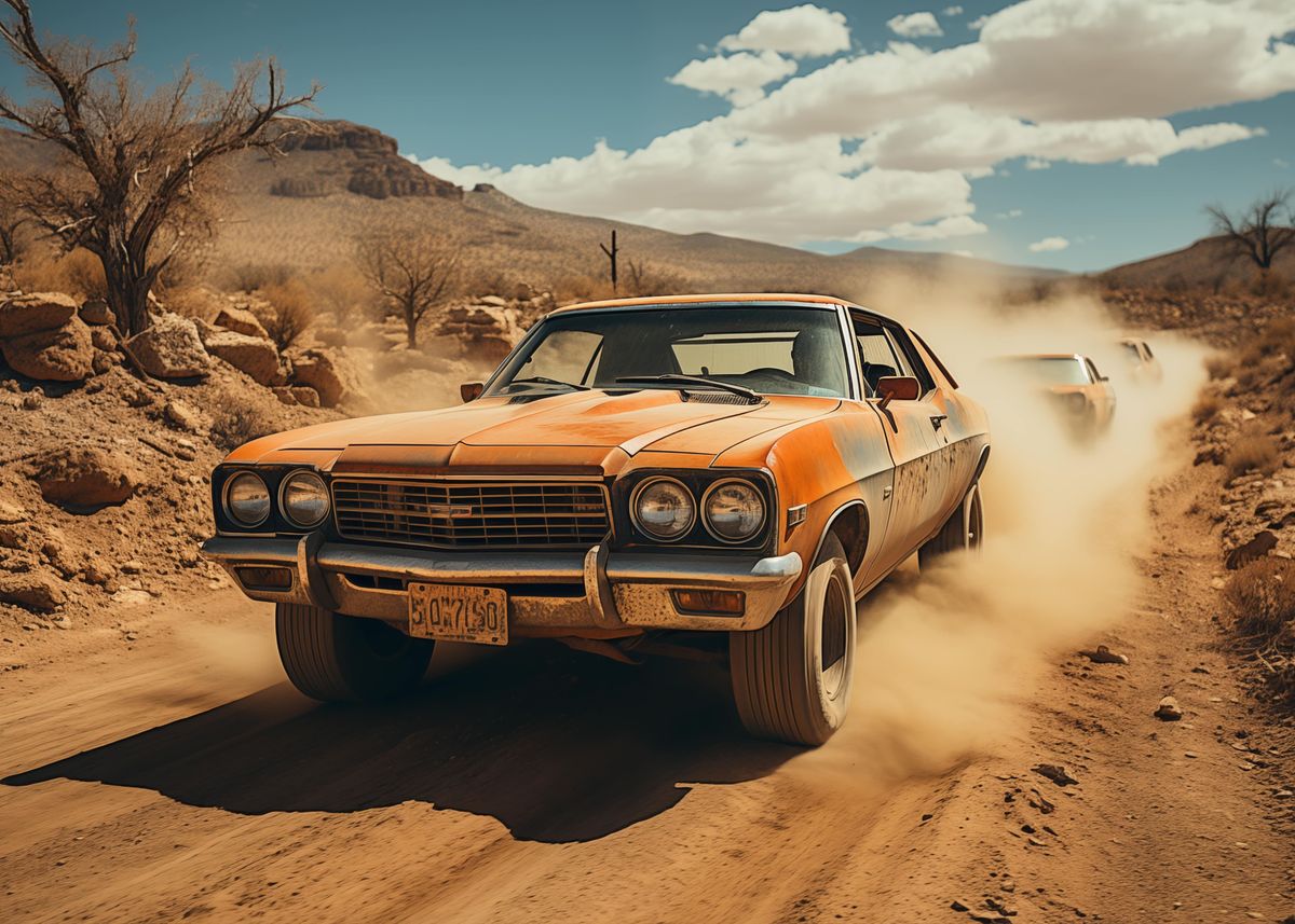 'muscle car on desert' Poster, picture, metal print, paint by Yuki ...