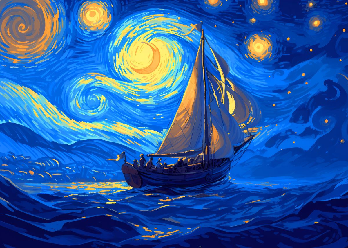 'Moon Night Sea Ocean Boat' Poster, picture, metal print, paint by ...