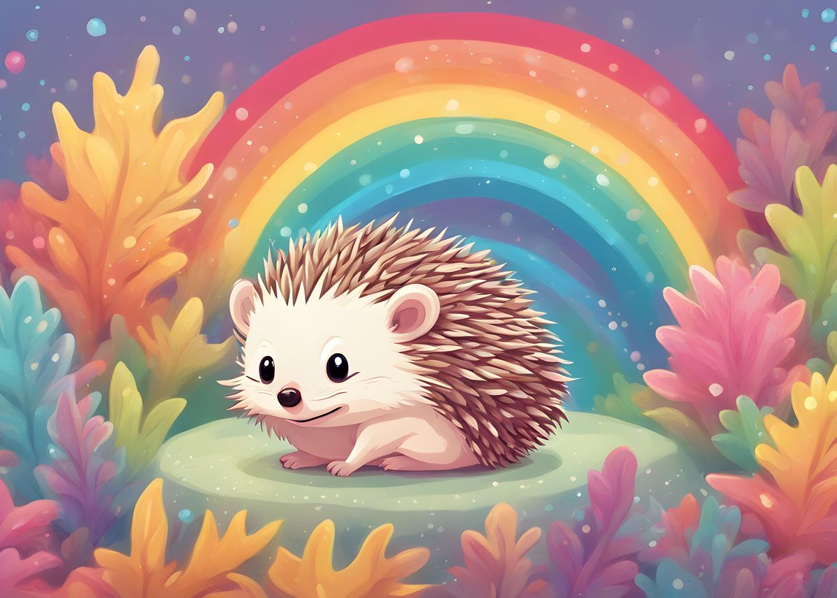 'Cute Hedgehog With Rainbow' Poster, picture, metal print, paint by ...