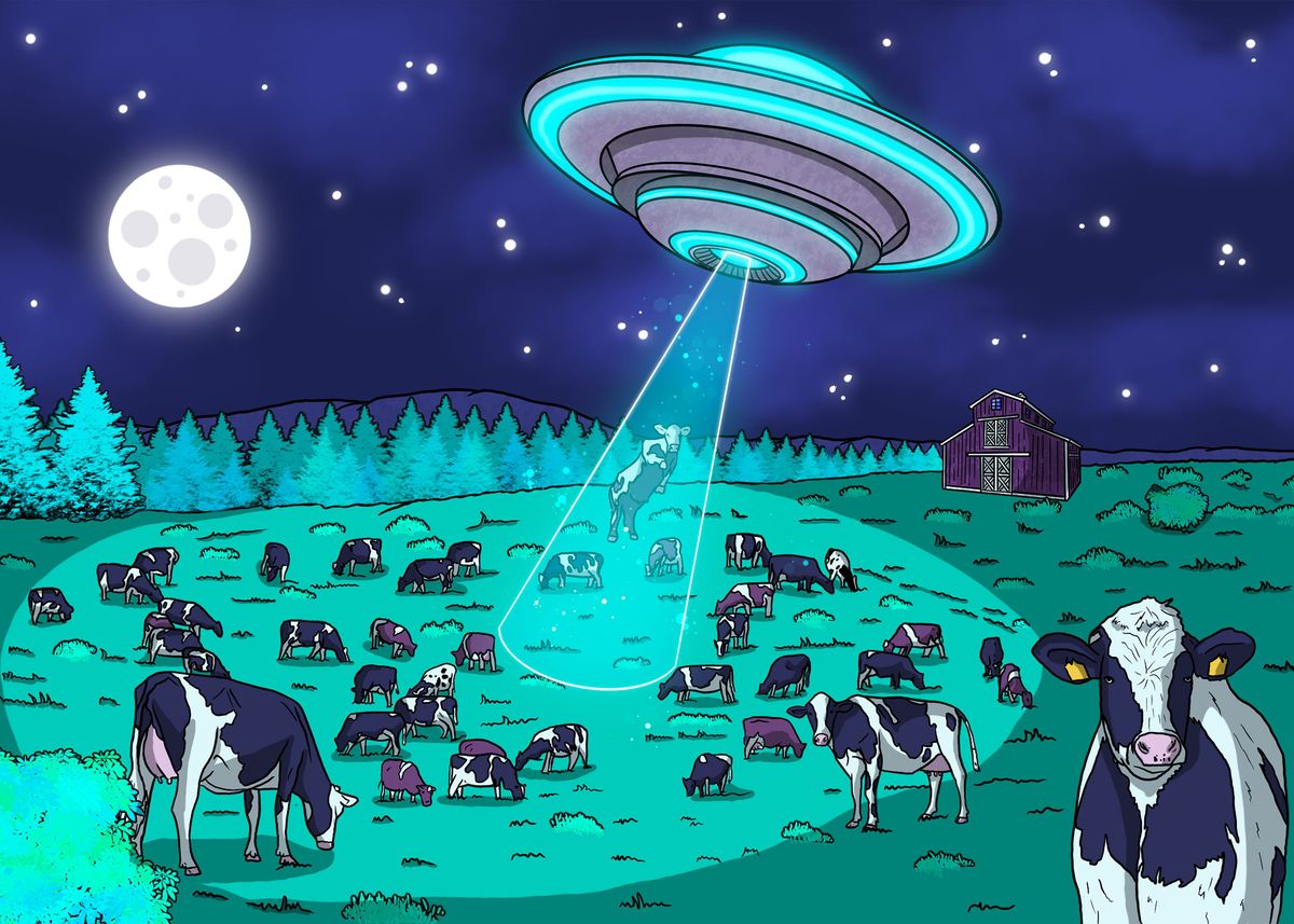 'Cow Abduction at Night' Poster, picture, metal print, paint by Fat Rat ...