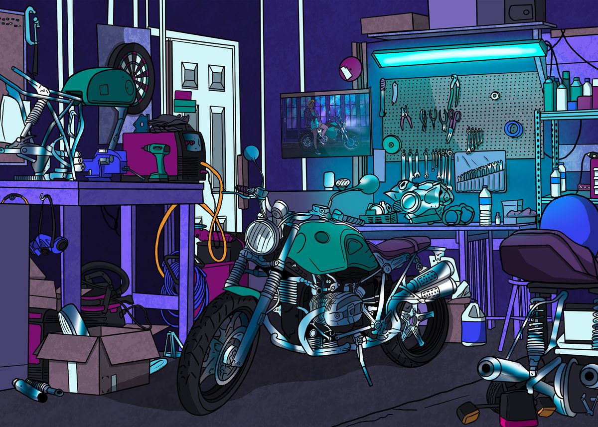 'Mechanic Shop at Night' Poster, picture, metal print, paint by Fat Rat ...